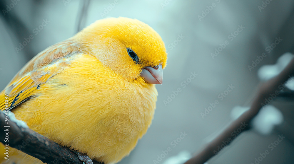 A close-up view of a canary napping peacefully on a perch, with a ...