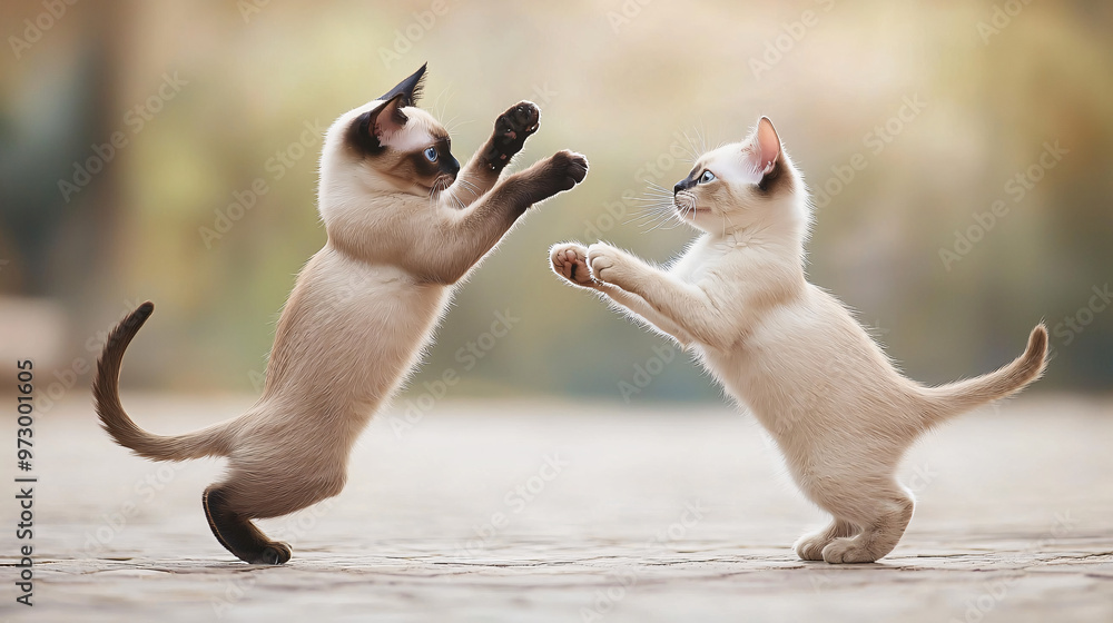 Low-angle view of a Siamese cat playing with another pet, with a candid ...