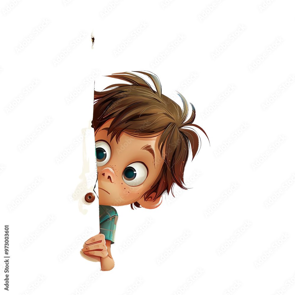 Curious child peeking from behind a wall with wide eyes, wondering ...