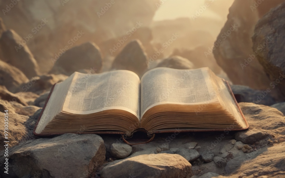 Vintage open book on rocky surface with yellowed pages and curle Stock ...