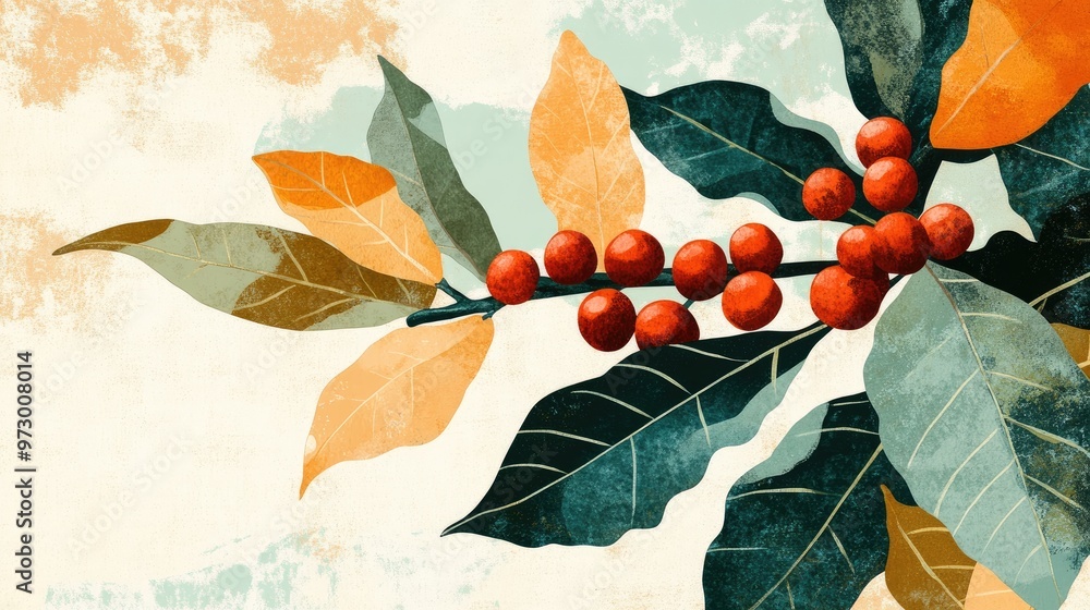 Abstract coffee plant design with richly textured leaves and berries ...