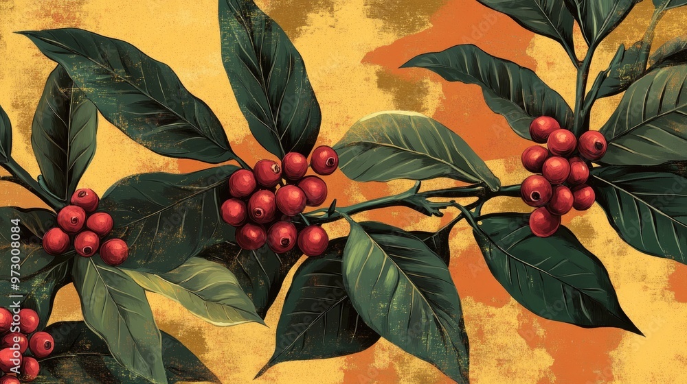 Abstract coffee plant design with richly textured leaves and berries ...
