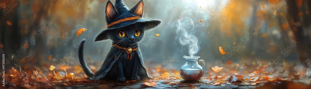 Siamese cat dressed as a witch with a bubbling potion beside her, witch cat, spooky feline Stock ...