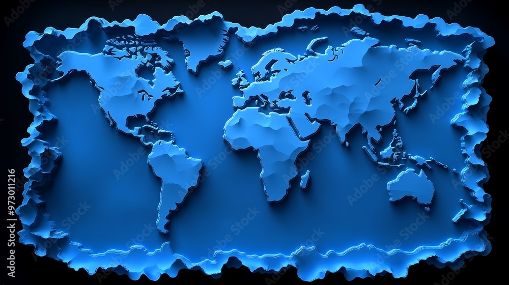 Stylized blue map of the world presented in a textured, three ...