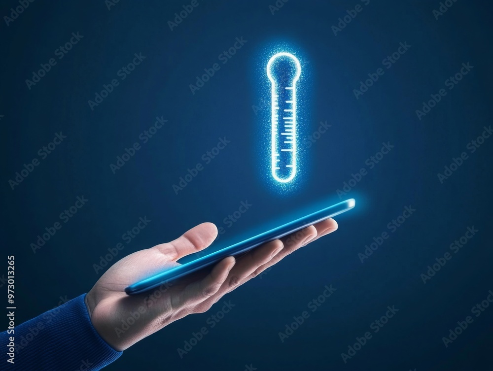 thermometer icon emerging from a digital tablet , healthcare Management ...