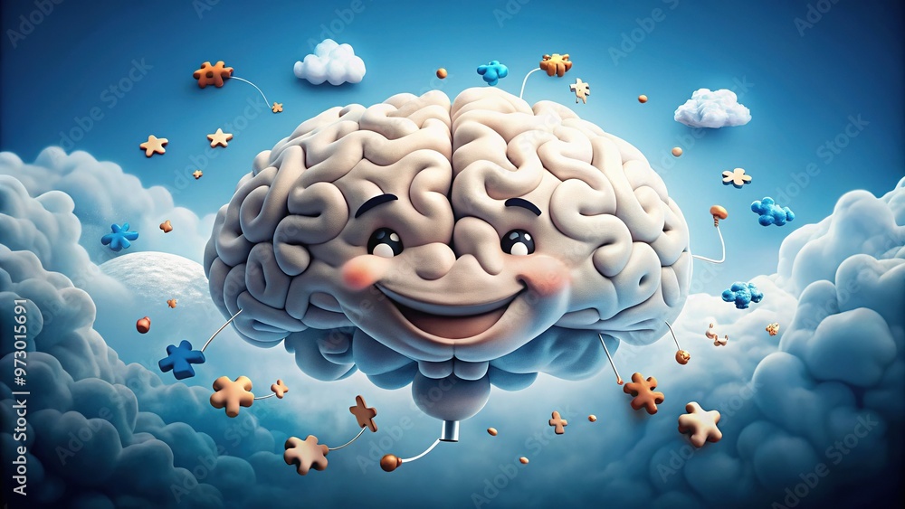 A stylized brain with a subtle smile is surrounded by ethereal clouds ...