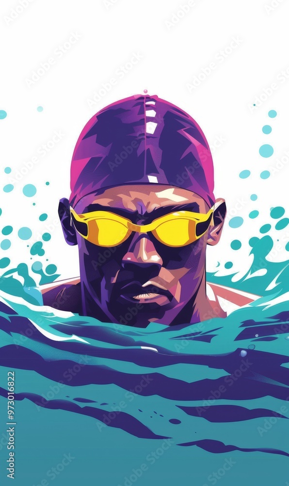 close-up of an Olympic swimmer with yellow goggles and purple cap ...