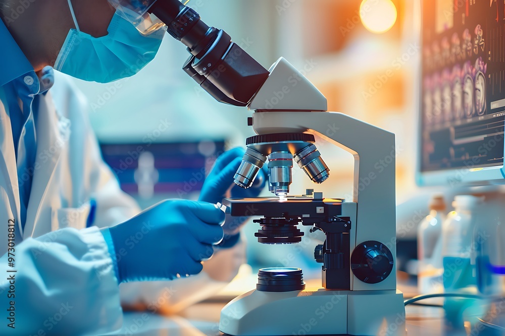 Laboratory technician working with microscopic research analysis ...