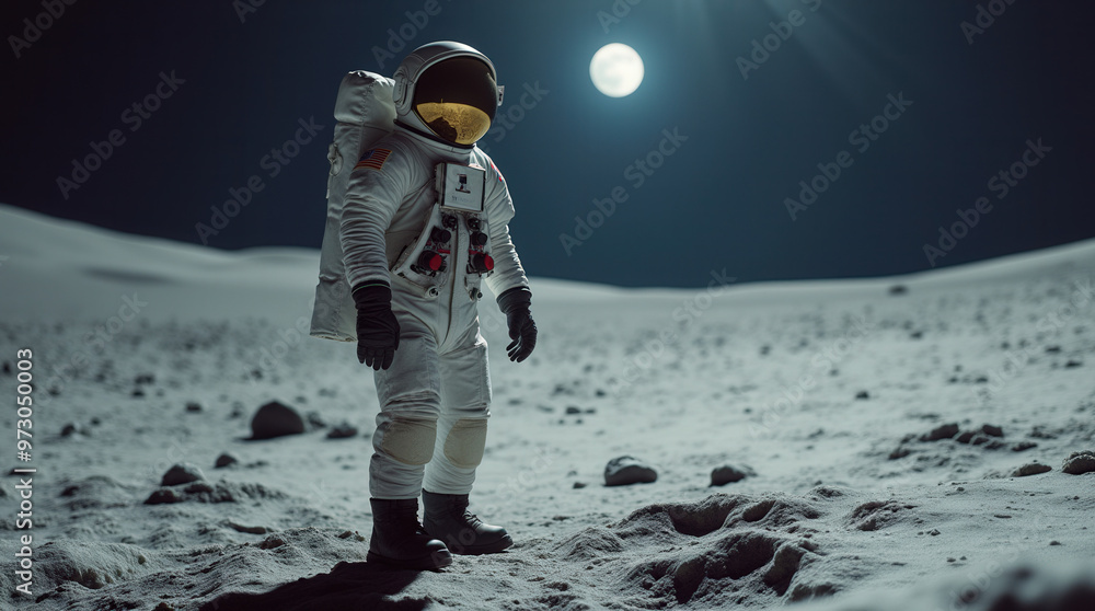 Astronaut Exploring the Moon's Surface in Spacesuit Under the Moonlight ...