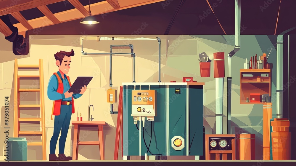 Cartoonstyle vector illustration of a home basement with a boiler and ...