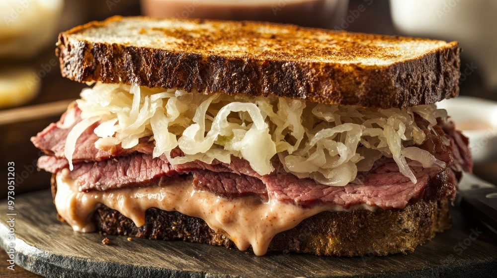 A classic Reuben sandwich with corned beef, Swiss cheese, sauerkraut ...