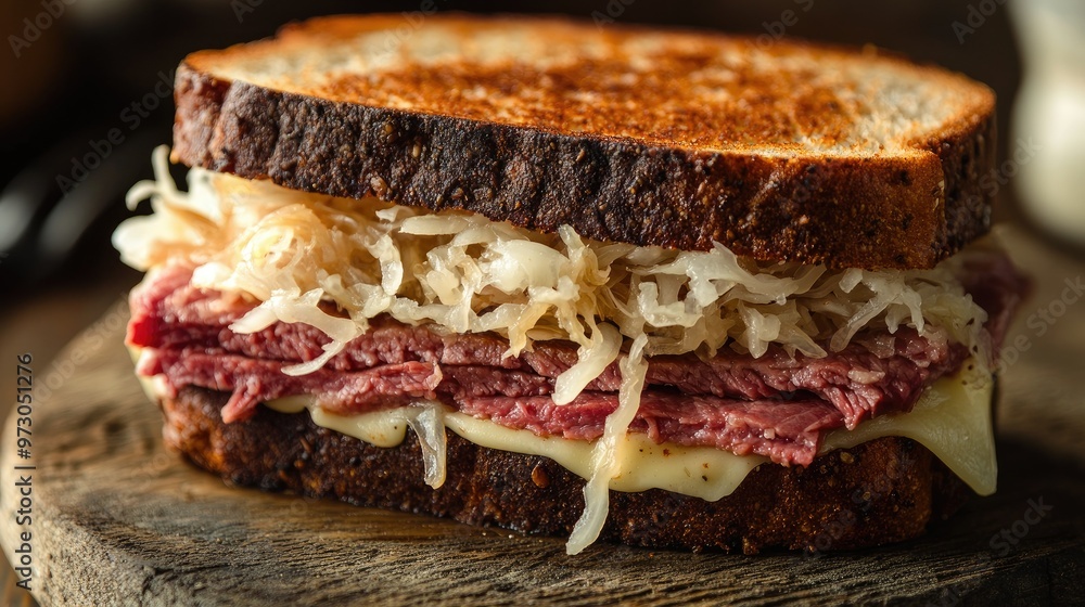 A classic Reuben sandwich with corned beef, Swiss cheese, sauerkraut ...