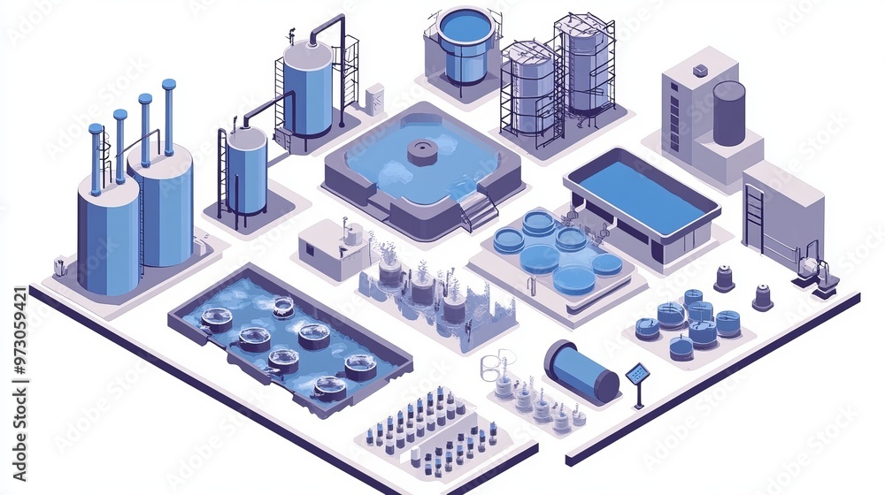 Isometric vector of a treatment plant depicting a water sewage and ...