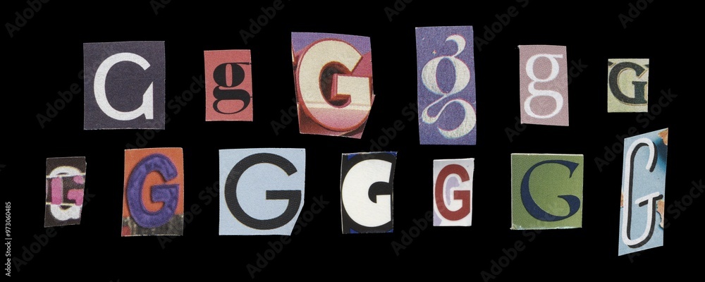 Set of cut-out letter “G” from magazines on a black background, retro ...