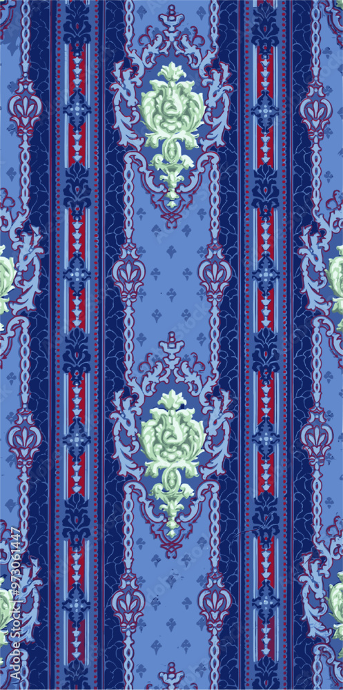 Blue vintage wallpaper with red and green floral pattern, likely from ...