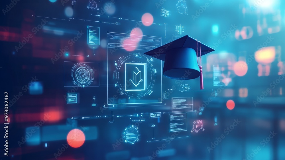 digital education concept with icons of computer, graduation cap and ...