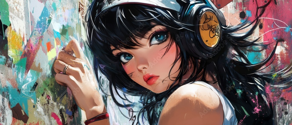 Stunning anime girl graffiti artist in action, capturing the artistic ...