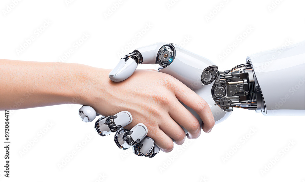 Human hand shakes a robotic hand, symbolizing collaboration between ...