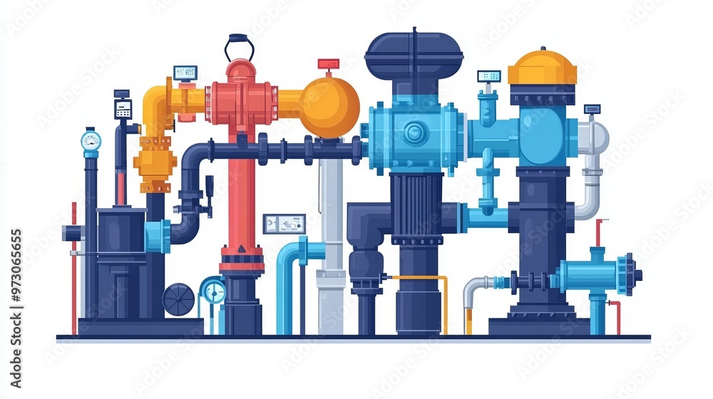 Vector illustrations of water pumps with connected pipes representing ...