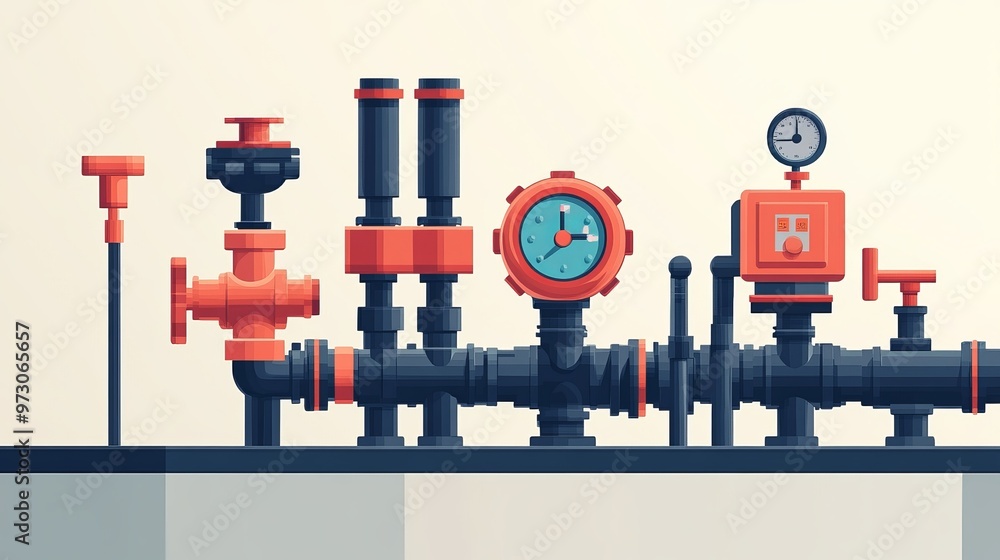Vector illustrations of water pumps with connected pipes representing ...