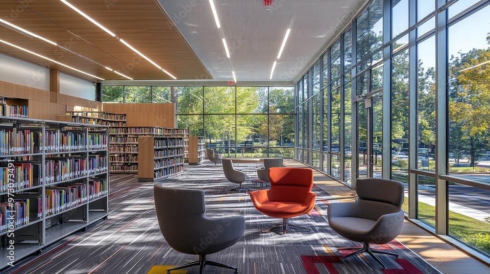 A modern library with an innovative design features open, flexible ...