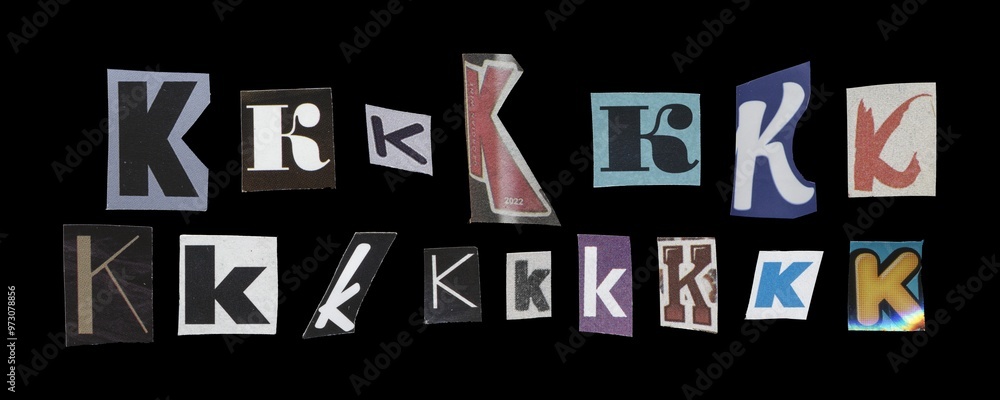 Set of cut-out letter “K” from magazines on a black background, retro ...