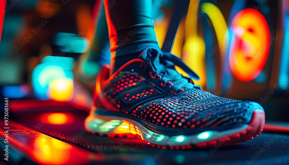 Dynamic treadmill scene highlighting a running shoe with vivid LED ...