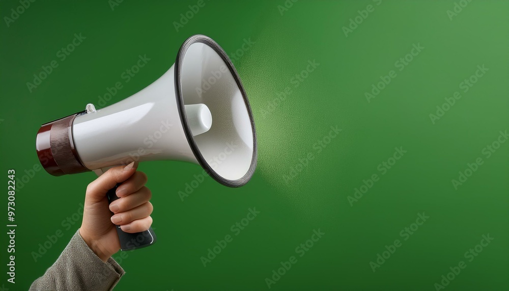 Hand holding a megaphone announces sales and discounts. Marketing and ...