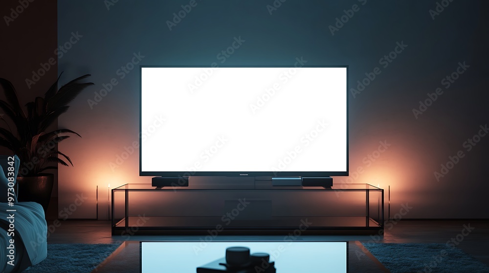 Blank white tv screen interior in darkness mockup, front view, 3d ...