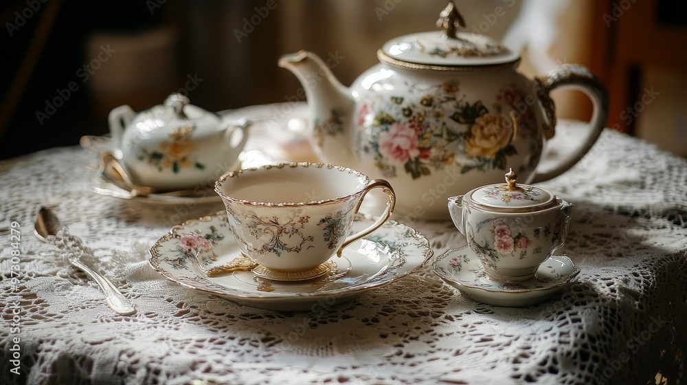 An elegant Victorian tea set displayed on a lace tablecloth, ready for ...