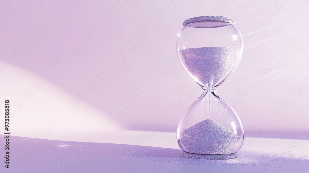 Photograph of a decorative hourglass with shimmering silver sand ...