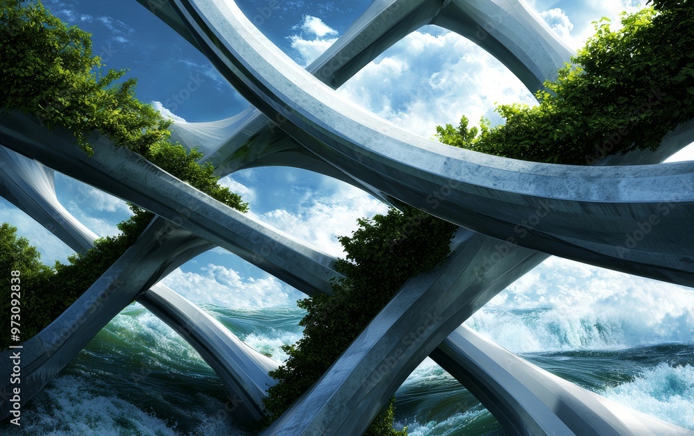 A bridge made of organic vines intertwined with metallic supports ...