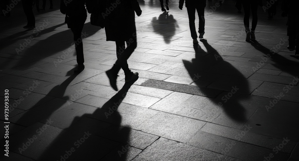 A black and white photograph of shadows cast on the pavement by people ...