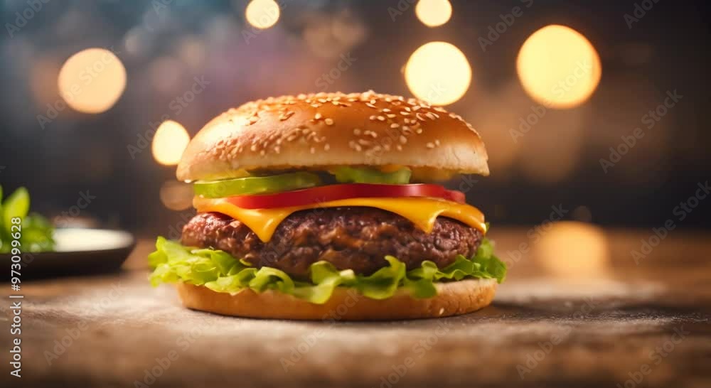 Rotating Delicious Hamburger with Cheese Fresh Junk Food with Beautiful ...