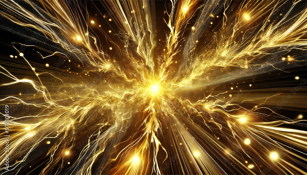 中央から放射する黄金の稲妻. Golden Lightning Radiating from the Center. AI generated ...