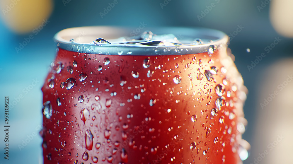 chilled soda can with a focus on droplets of condensation dripping off ...