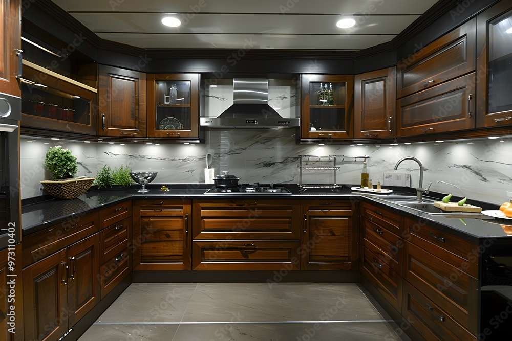 Classic modular kitchen design with dark oak cabinets. Stock Photo ...