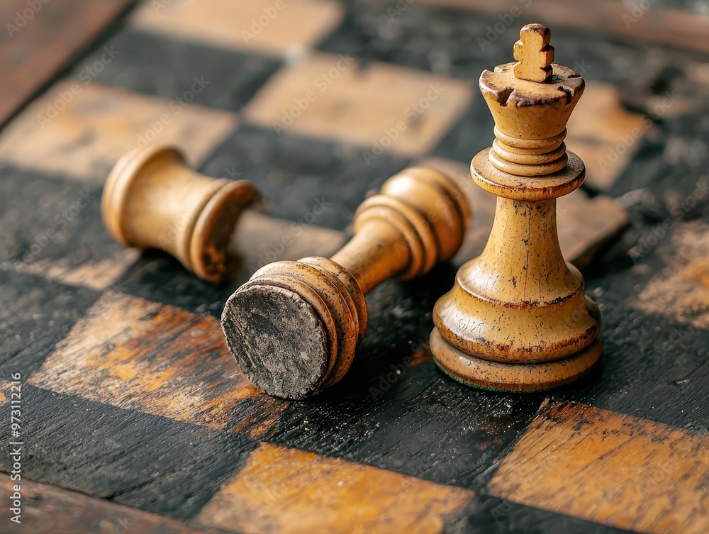 A timeworn chess set, pieces worn and cracked, frozen in the middle of ...