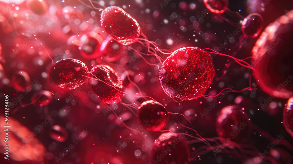 Close-up of red blood cells flowing in the blood through the veins. The ...