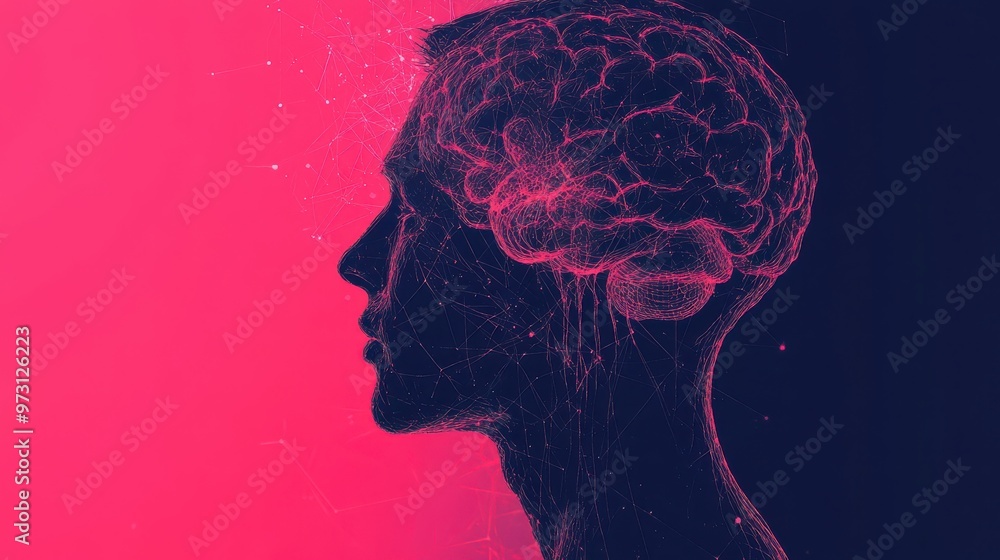 Human silhouette dissolving into neural patterns, critical thinking and ...