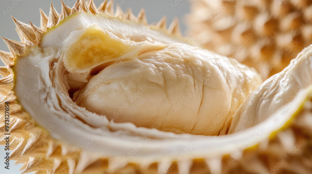 A close up of durian fruit reveals its creamy, pale flesh nestled ...