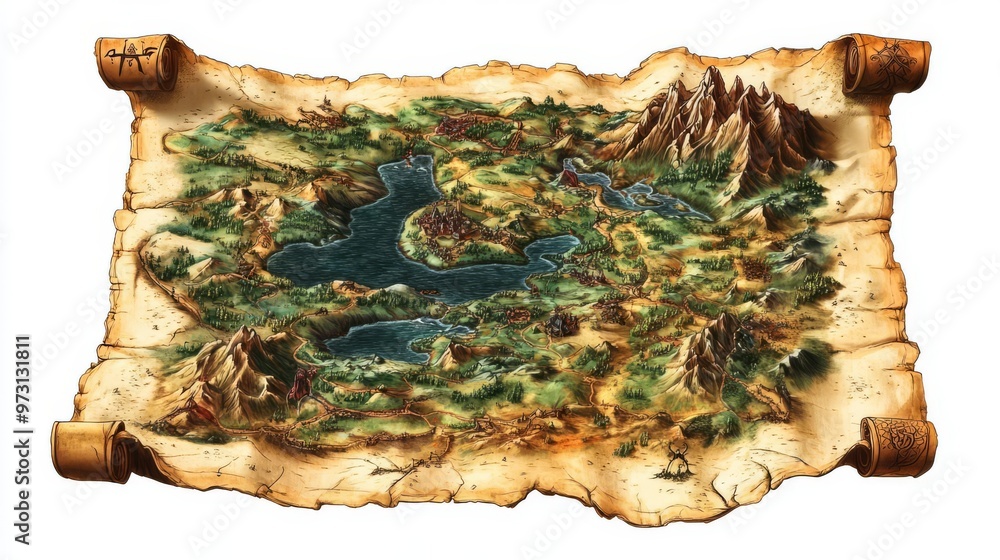 Ancient fantasy map illustration with detailed landscapes, mountains ...