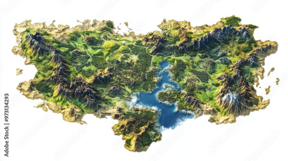 Detailed 3D rendered fictional island map surrounded by water, with ...