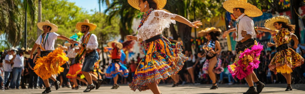 Woman in colorful traditional dress dancing at a latin american street ...