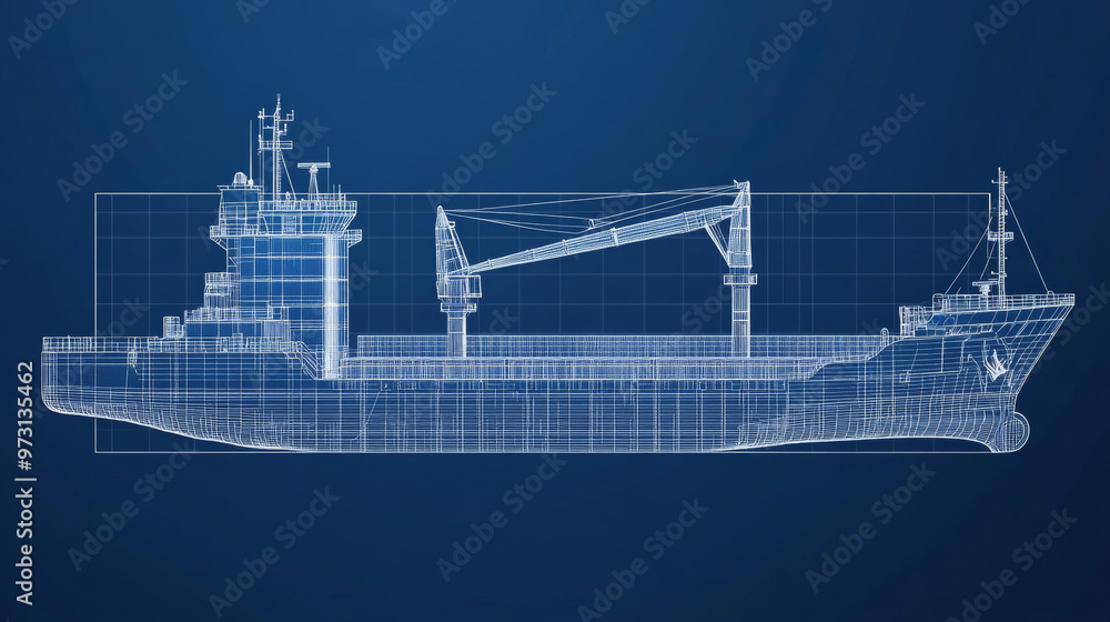 Container cargo ship in blueprint style, isolated on a transparent ...