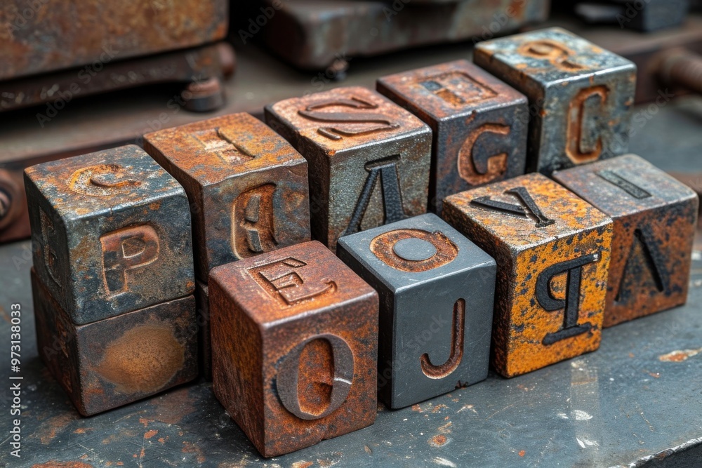 Rusty, vintage type font blocks display various letters, embodying the ...