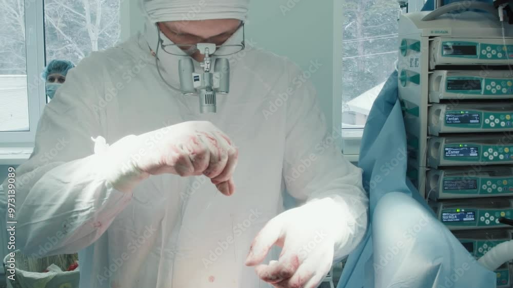 Surgeon meticulously closes chest incision. Doctor uses absorbable ...