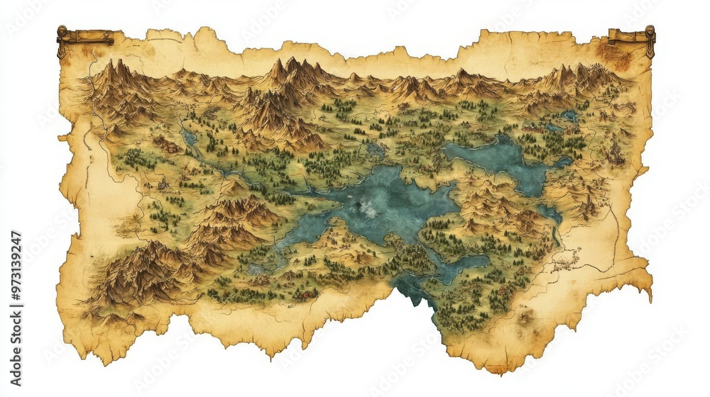 Vintage fantasy map featuring detailed landscapes, rivers, and ...