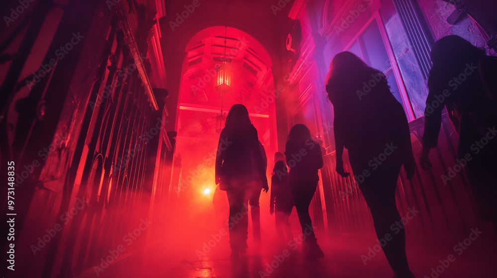 Haunted House Walkthrough, families exploring a haunted house with ...