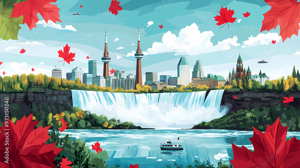 Canada day background with a collage of canadian landmarks such as ...